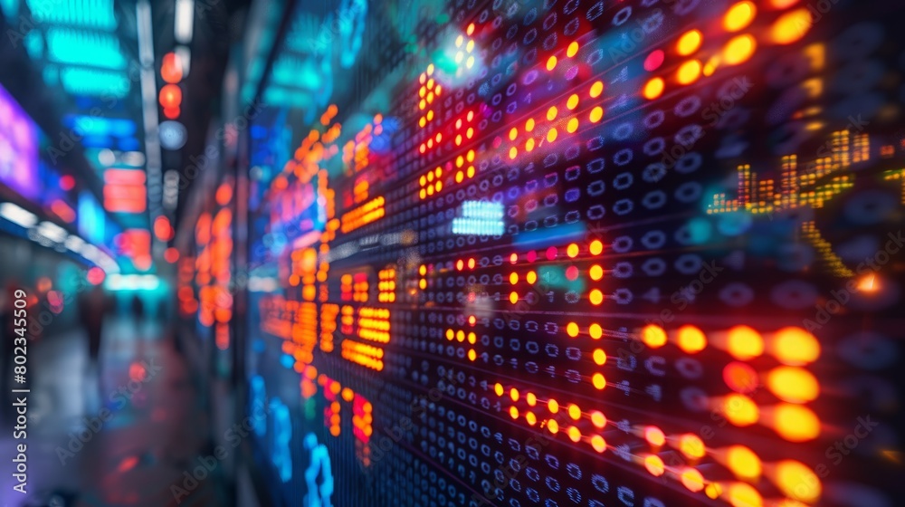 A computer screen with a bunch of numbers and lights. Concept of chaos ...