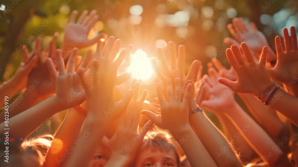 A group of many children raising their hands from a diverse crowd ...