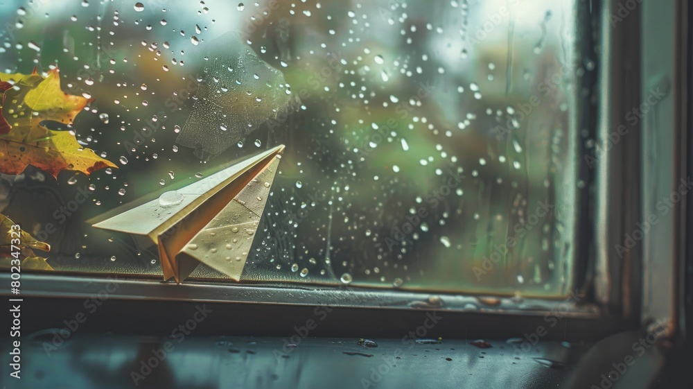 simple paper airplane sitting on a windowsill, with a rainy day outside ...