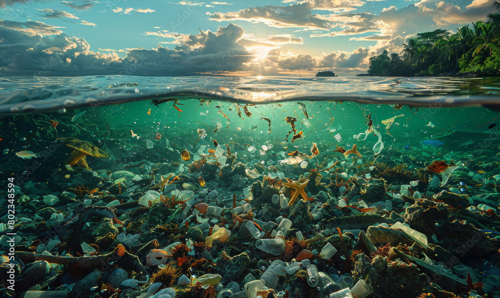 Underwater and surface view of ocean pollution with plastic debris ...