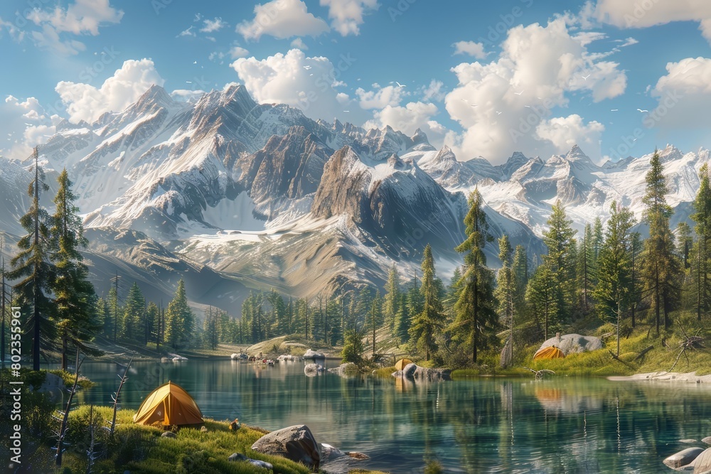 extraordinary virtual reality scene of wilderness camping with a ...
