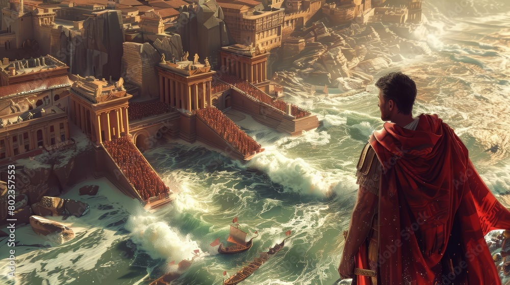 view of Julius Caesar crossing the Rubicon in a vibrant anime style ...