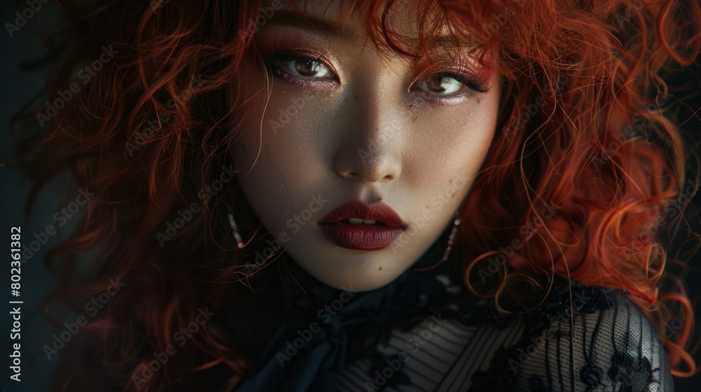Teen Chinese Woman with Red Curly Hair Goth style Illustration. Stock ...