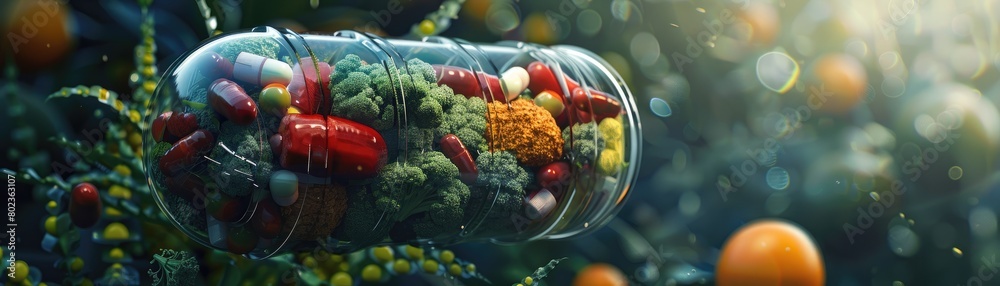 Closeup 3D depiction of a nutrientrich capsule, overflowing with a ...