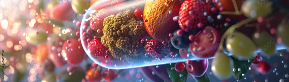 Closeup 3D depiction of a nutrientrich capsule, overflowing with a ...