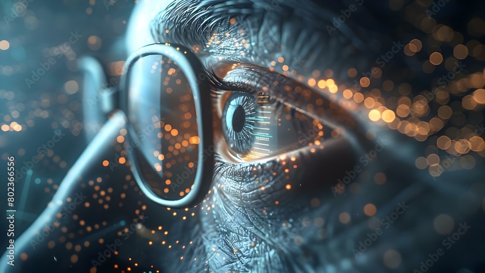 ภาพประกอบสต็อก Closeup 4K eye with glasses overlay on coding screen ...