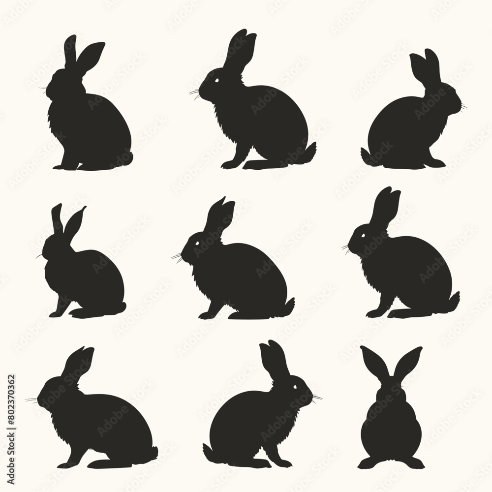 Rabbit silhouette set of different poses black flat vector illustration ...