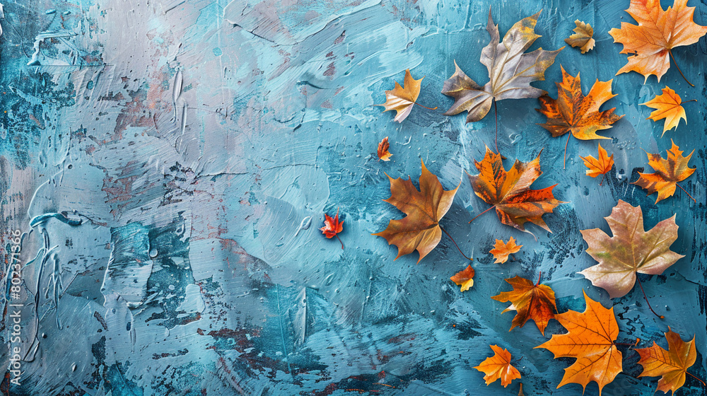 Abstract painting background with autumn leaves on a blue and gray ...
