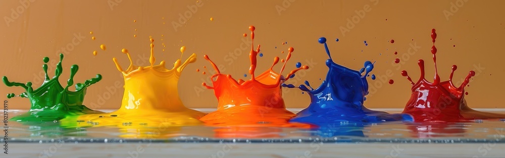 Various vibrant paint splashes collide and merge on top of each other ...