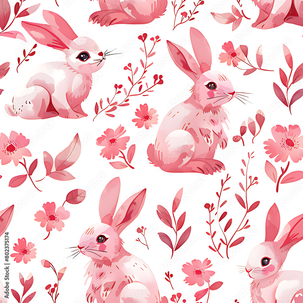 Cute Seamless Bunny Background, Folk Art Bunnies Seamless Pattern, Pink ...