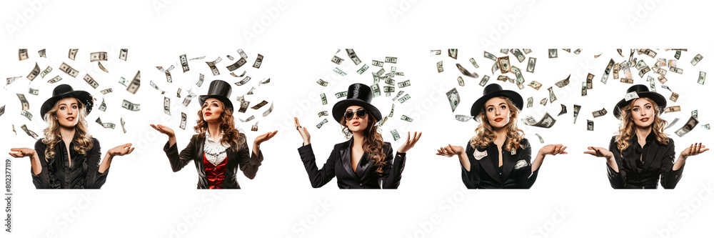Set of A money flying photo of smart Corian woman magician on a ...