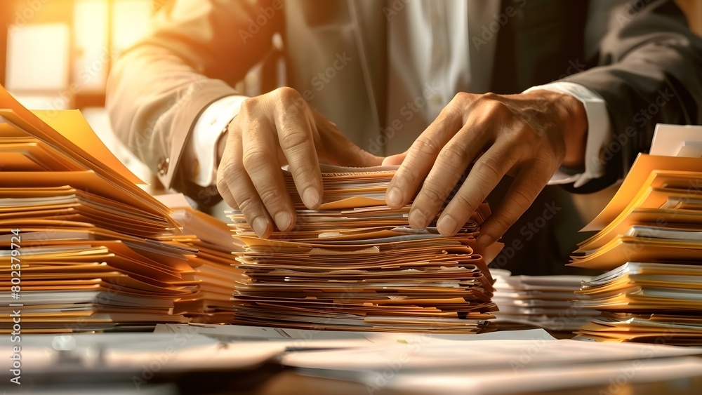 Businessmans hands searching through stacks of paper files on cluttered ...