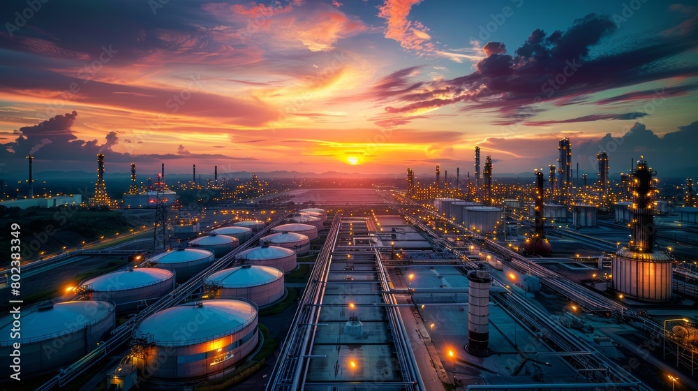 Aerial top view storage tank farm at night, Tank farm storage chemical ...