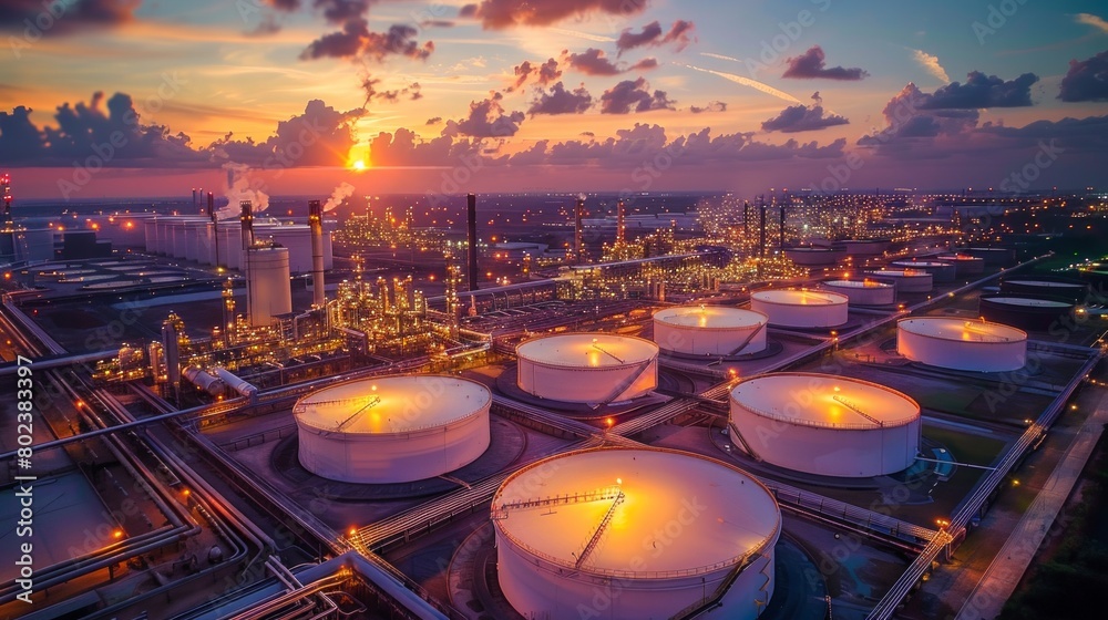 Aerial top view storage tank farm at night, Tank farm storage chemical ...