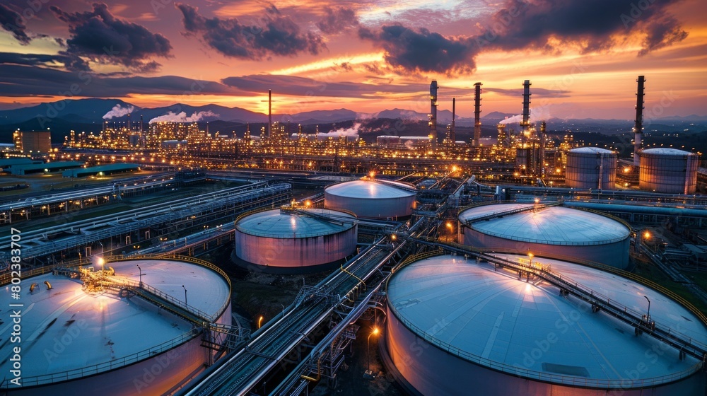 Aerial top view storage tank farm at night, Tank farm storage chemical ...