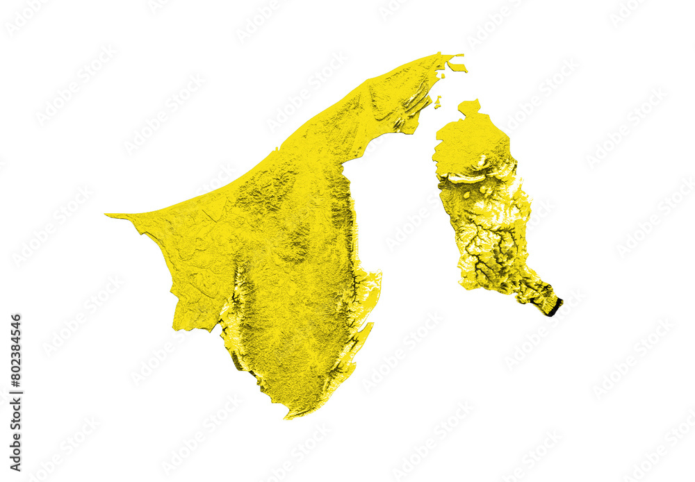 Brunei map with the flag Colors White and yellow Shaded relief map 3d ...