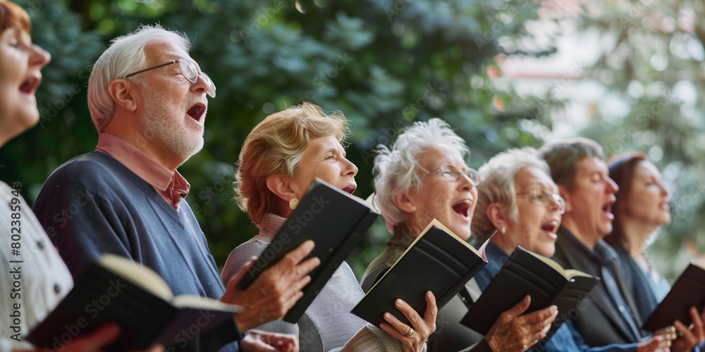 Group of senior women and men singing together at choir rehearsal. A ...