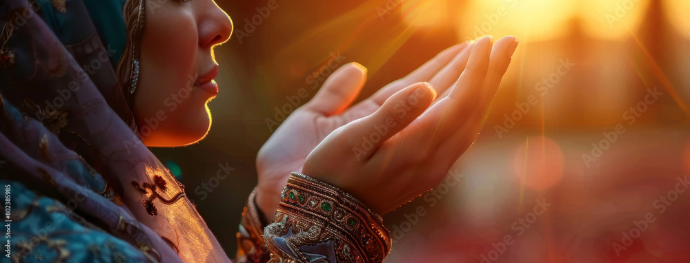 Hands, praying and muslim woman for faith devotion, mindfulness or ...