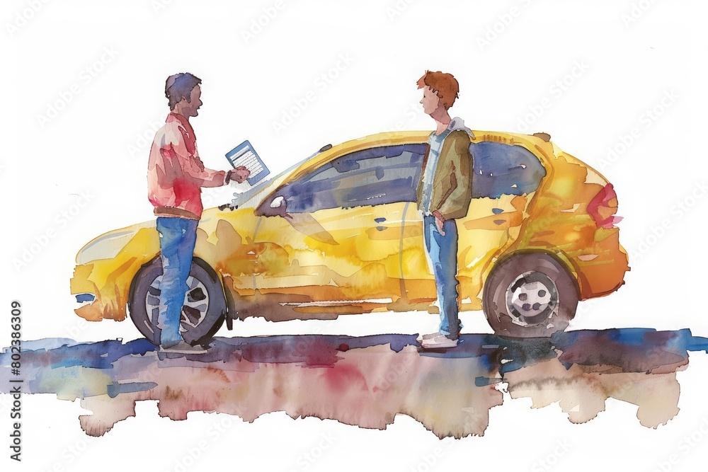 This engaging watercolor scene shows a young man receiving his drivers ...