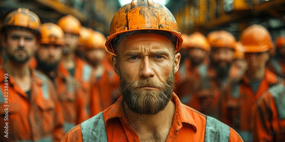 depiction of angry workers in a factory environment, their clenched ...