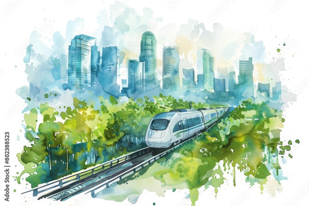This simple watercolor scene captures a highspeed train zipping through ...