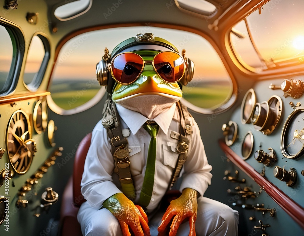 A pilot frog with aviator sunglasses, sitting in the cockpit of a ...