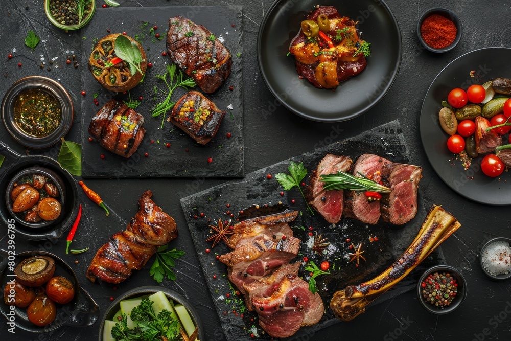 Restaurant Food Set with Grilled Beef Cheeks, Lamb Legs and Tongues Top ...