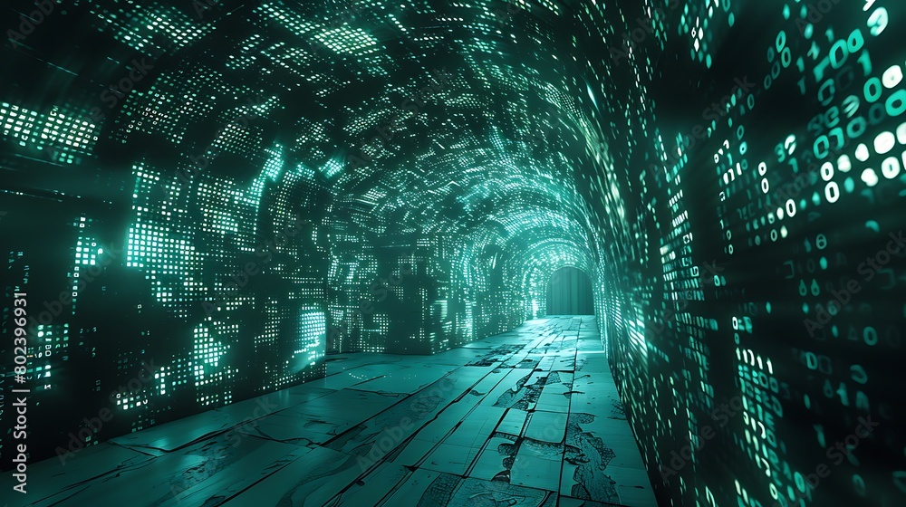 Explore the depths of a digital labyrinth, where binary code intertwines with geometric shapes ...