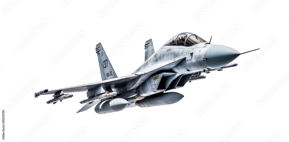 Modern fighter jet in flight, with detailed markings and armed with ...