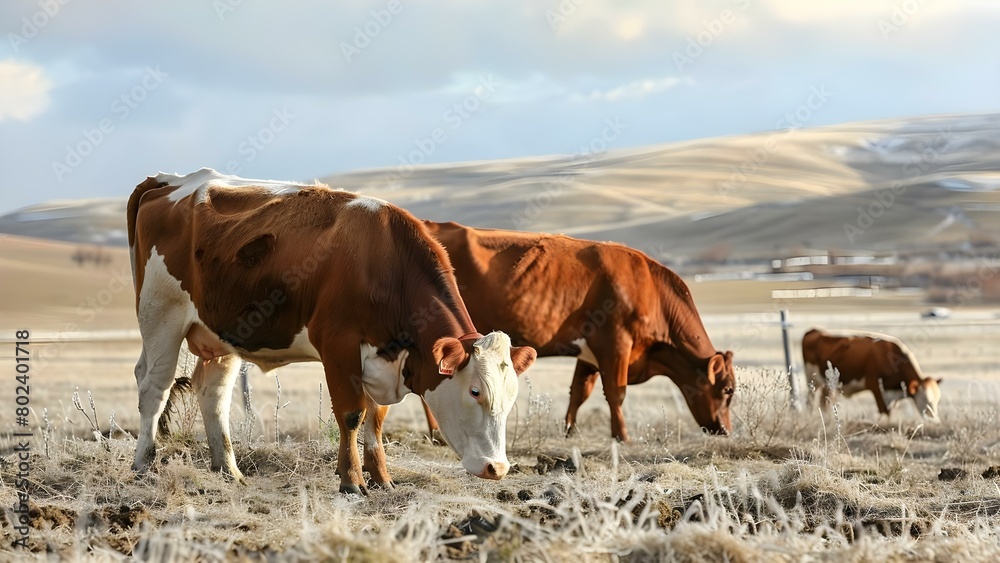 Cows grazing on a parched farm in a rural agricultural environment ...