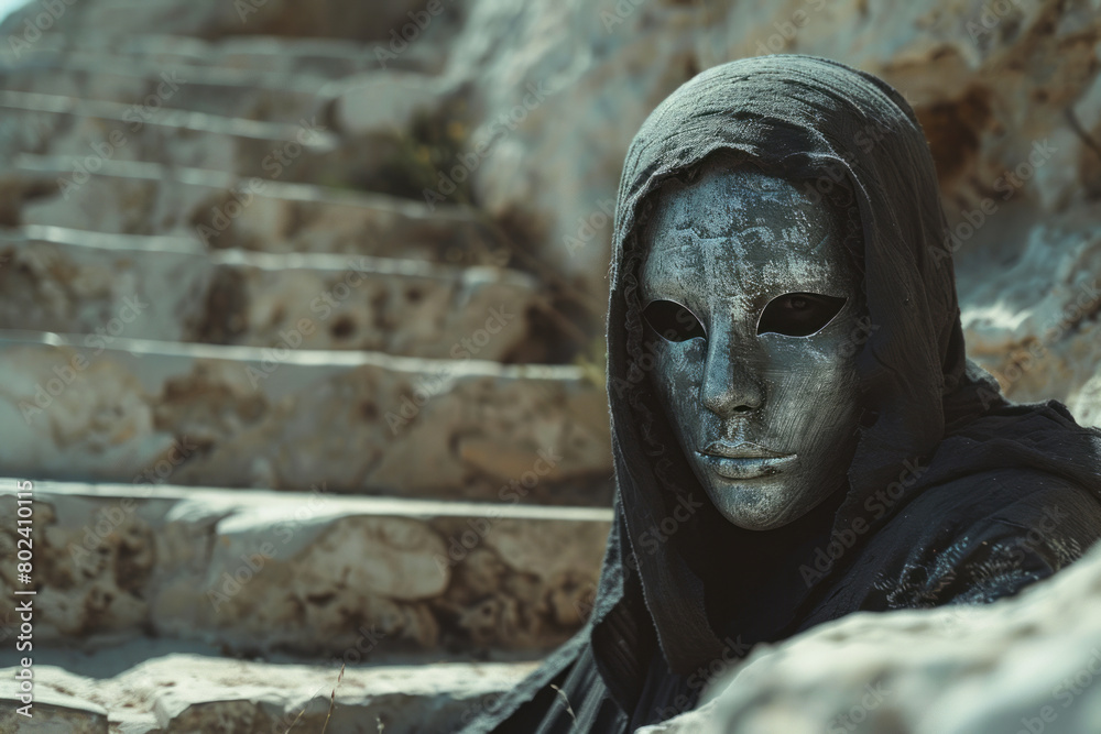A person in a classical Greek theater mask, posed dramatically on the ...