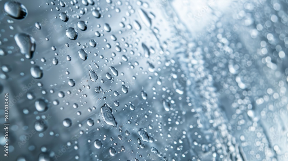 Detailed view of a high-end shower's glass door with water droplets ...