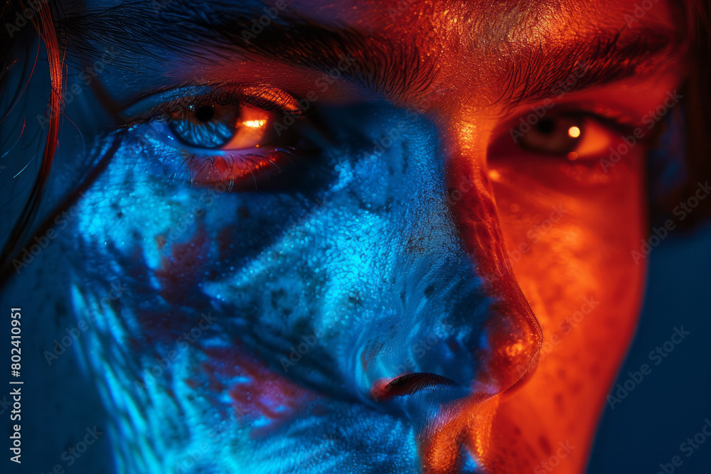 A face partially illuminated by a soft, blue neon light that casts deep ...