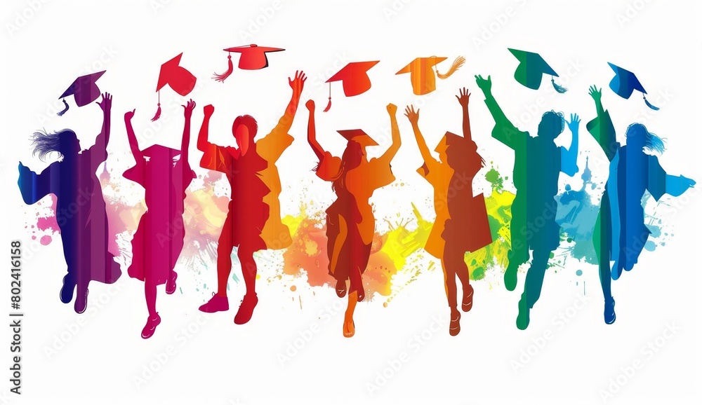 colorful silhouette of happy students celebrating graduation isolated ...