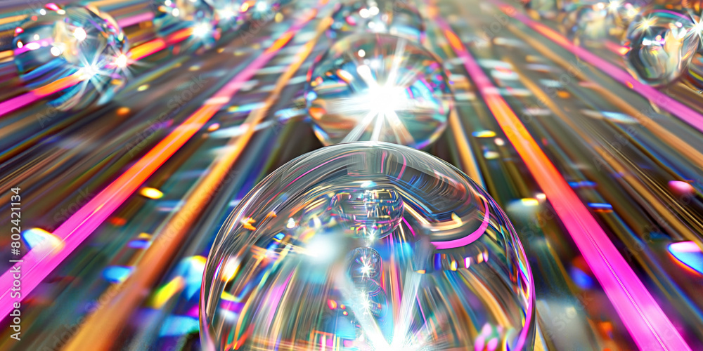 Transparent spheres glide through a vibrant, multi-colored light tunnel ...