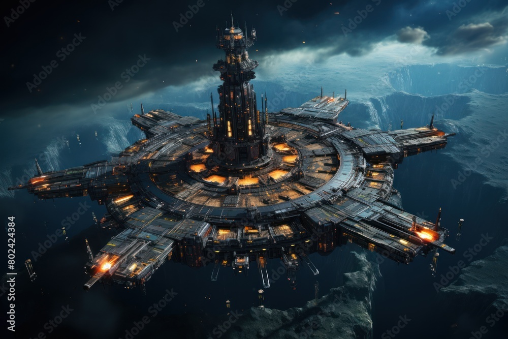 A spaceship floats over a rock in the dark sky. It has a round shape ...