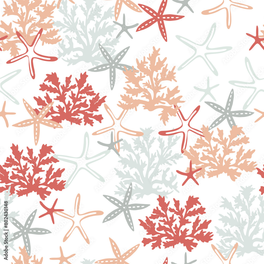Marine vector hand drawn pattern with sea shells, stars and coral ...