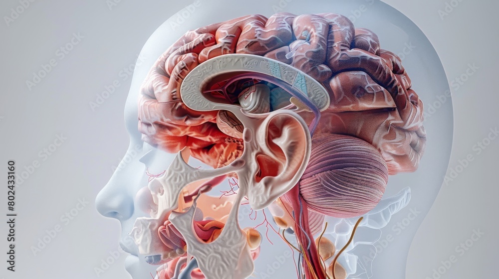 A visually striking 3D rendering image illustrating the auditory ...