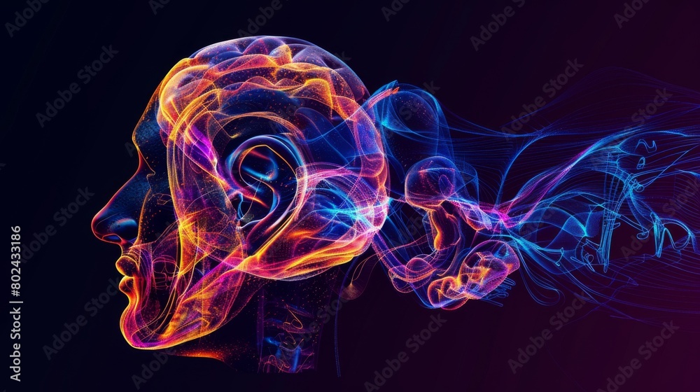 A visually striking 3D rendering image illustrating the auditory ...