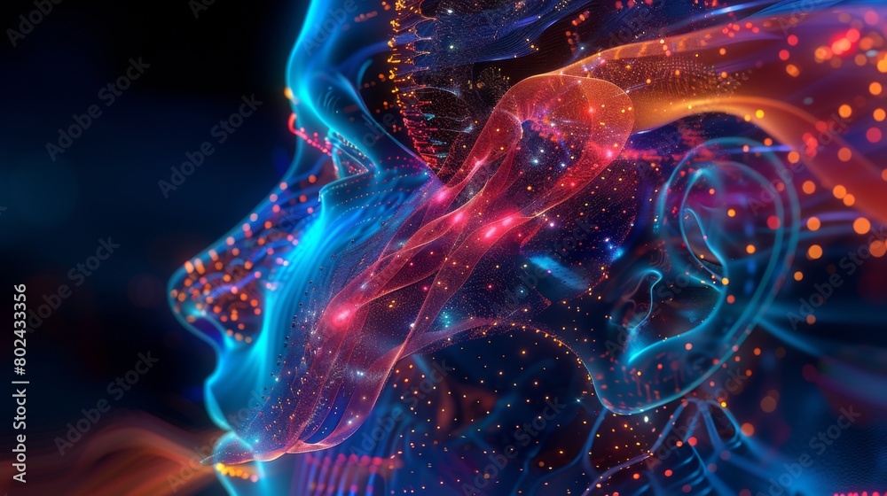 A visually striking 3D rendering image illustrating the auditory ...