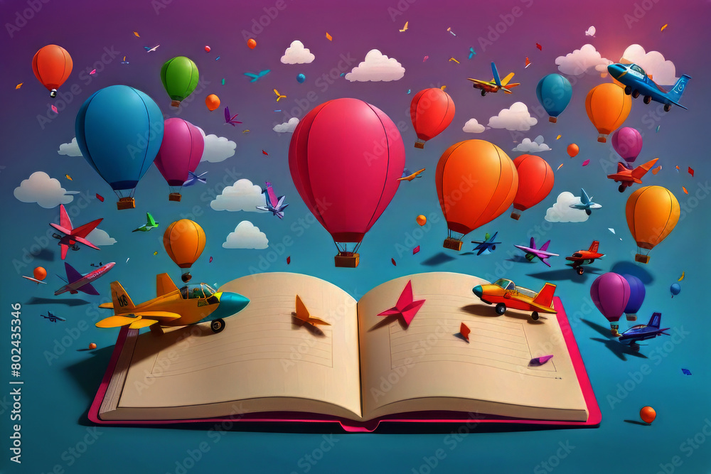 Children's Day with flying colorful 3D paper balloons and airplanes on ...