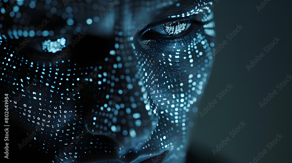 Female face with matrix digital numbers artifical intelligence AI theme ...