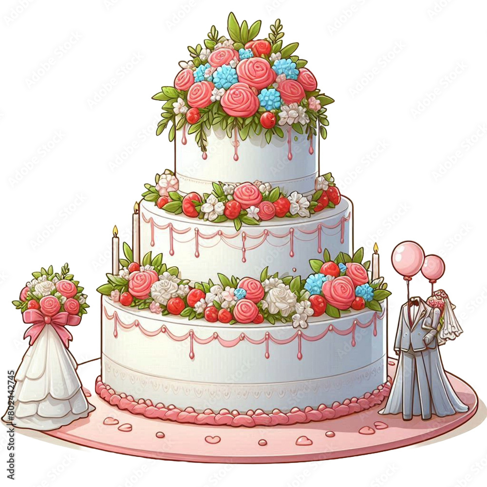 wedding cake with flowers vector cartoon illustration isolated on ...