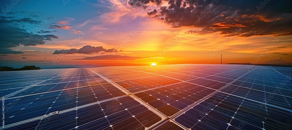 Solar cells on the sunset background. Photovoltaic modules for ...