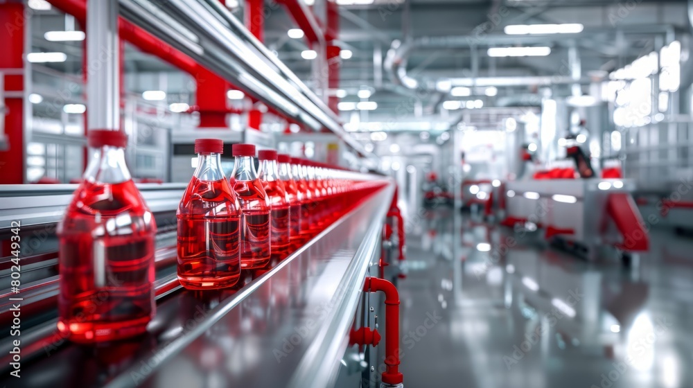 Modern bottling factory with automated production line with clear ...