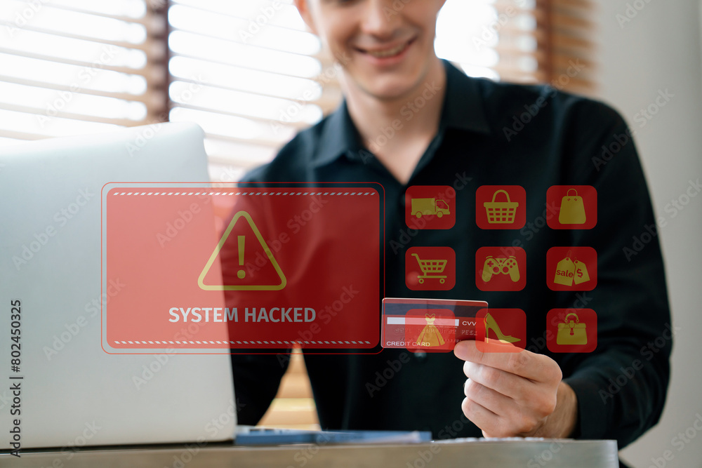 Customer watching hologram interface warn danger of credit card hacked ...