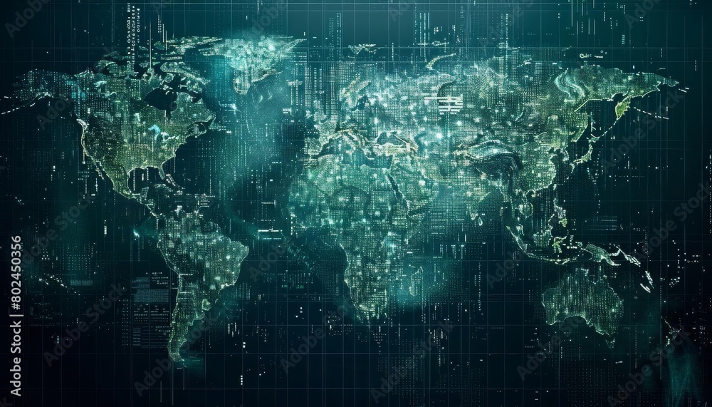 Pixelated digital world map, ideal for global tech company presentations or international data ...