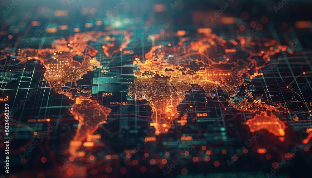 Pixelated digital world map, ideal for global tech company presentations or international data ...