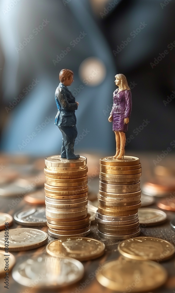 Unequal pay for equal work: A businessman and businesswoman stand on a stack of coins ...