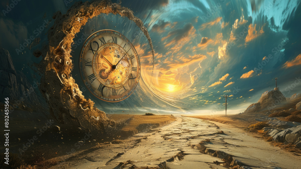 Big vintage clock and path in fairy tale desert, surreal scene with ...